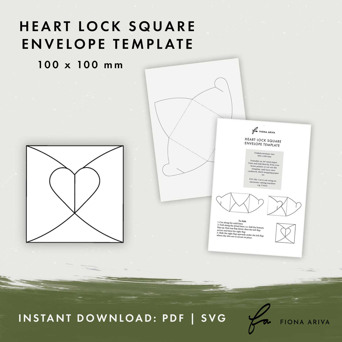 Heart Lock Square Envelope Template 100 x 100mm (Instant Download - PD